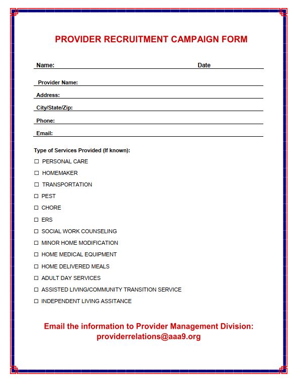 New Provider and Provider Recruitment – Area Agency on Aging